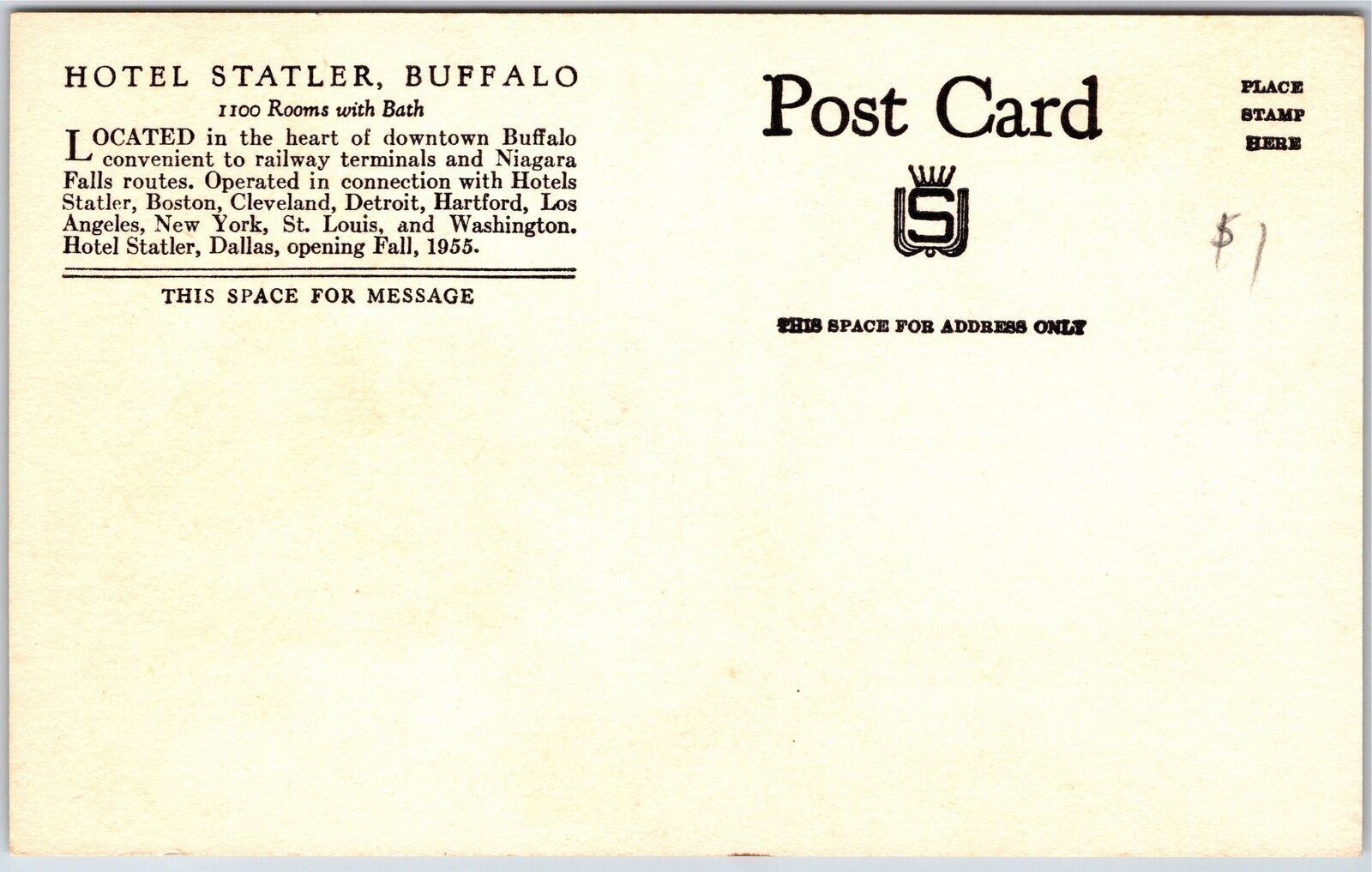 Vintage Postcard Hotel Statler Advertising Card Buffalo New York (Pre ...