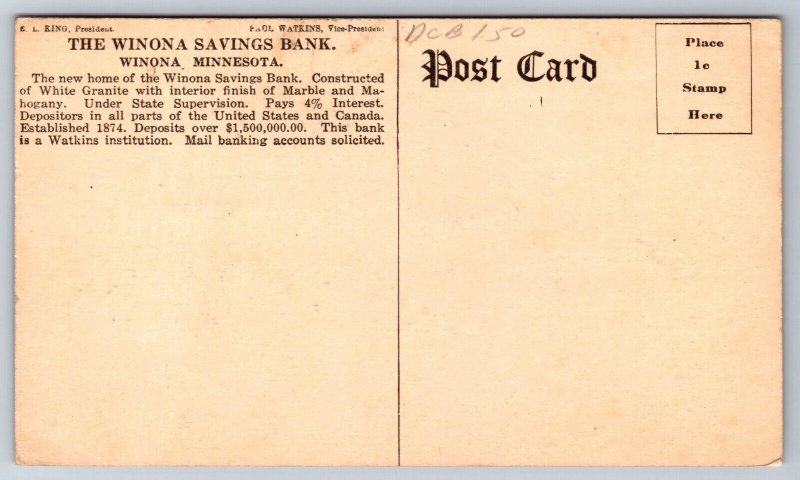 Winona MN Minnesota Postcard Winona Savings Bank White Granite and ...