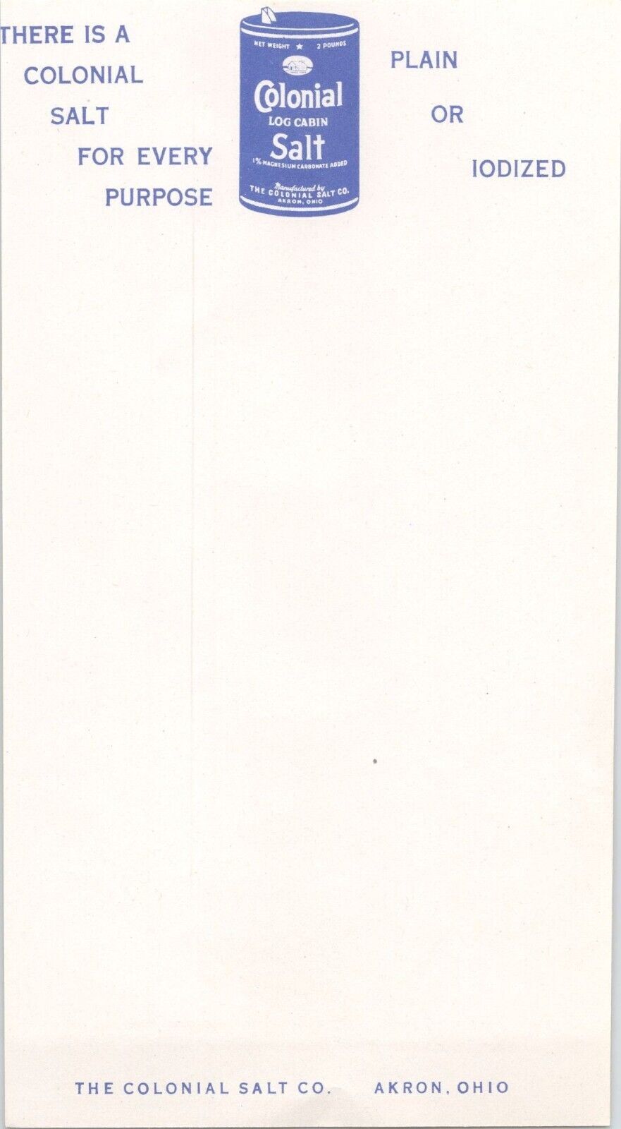Vintage Blank Letterhead - COLONIAL LOG CABIN SALT - Akron, Ohio ...