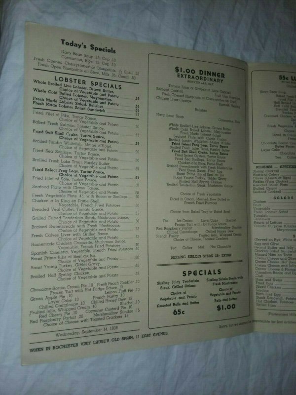 NN-067 NY, Buffalo Laube's Old Spain Restaurant Menu September 14, 1938 ...