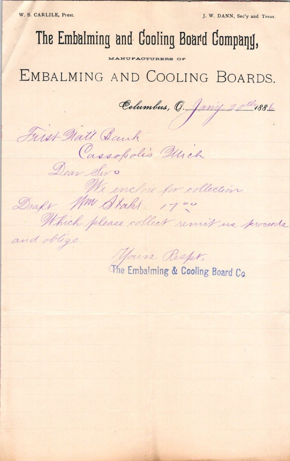 1886 the Embalming and Cooling Board Company Manufacturer Columbus Ohio ...