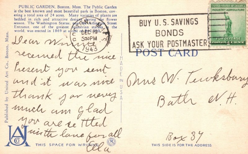 Vintage Postcard 1943 Bridge & Lake Public Garden Ritz-Carlton Hotel ...