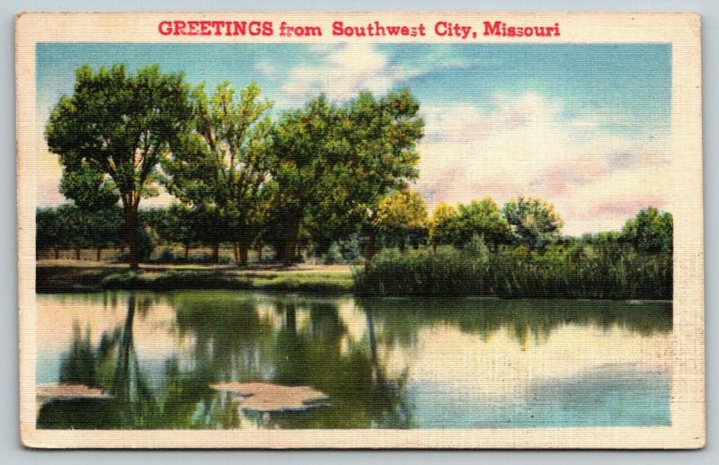 Southwest City Missouri~Trees Reflect in Honey Creek~1946 Linen ...