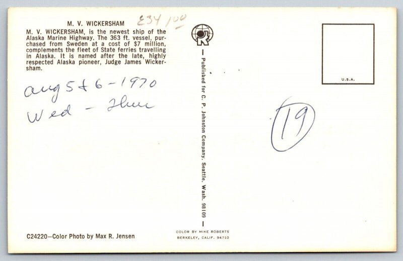 M.V. Wickersham Postcard Ship Fleet Alaska Marine Highway State Ferry ...