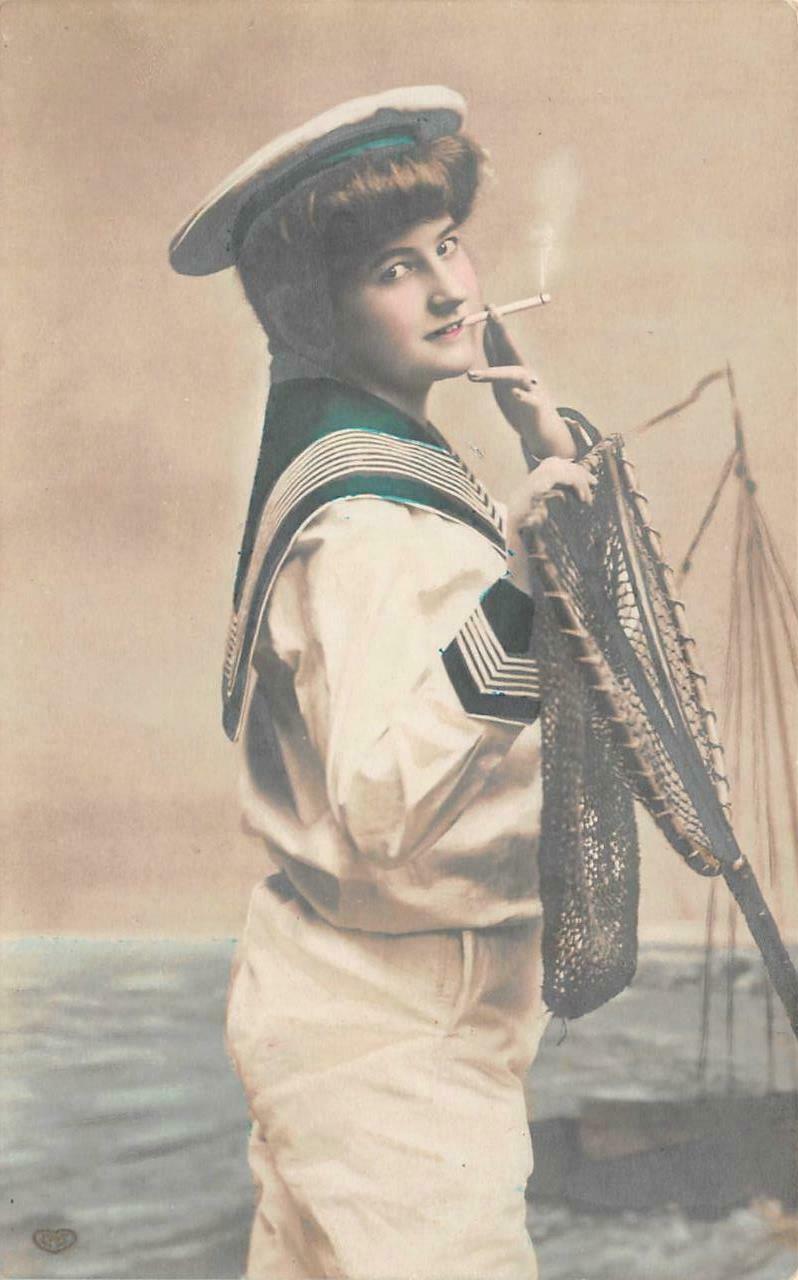 Rppc Sailor Woman Smoking Cigarette Military Studio Real Photo Postcard ...