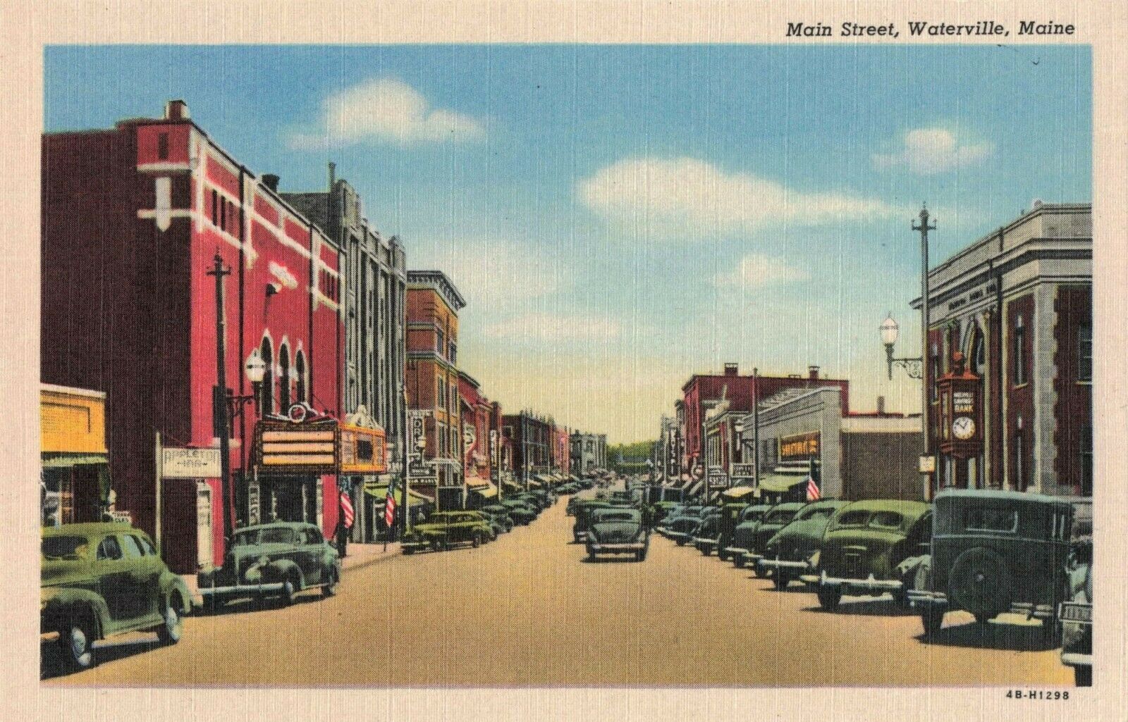 circa 1940's Main Street Cars Clock Flags Waterville Maine Postcard 2T7 ...