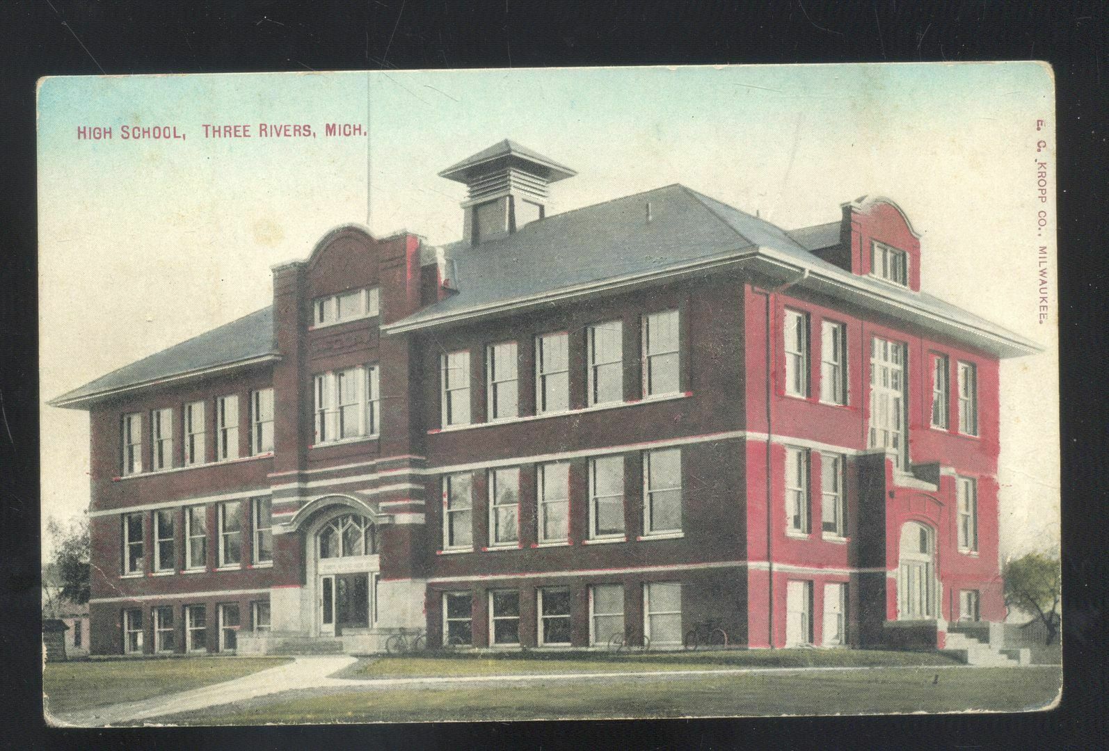 Three Rivers Michigan High School Building Vintage Postcard E.C. Kropp ...
