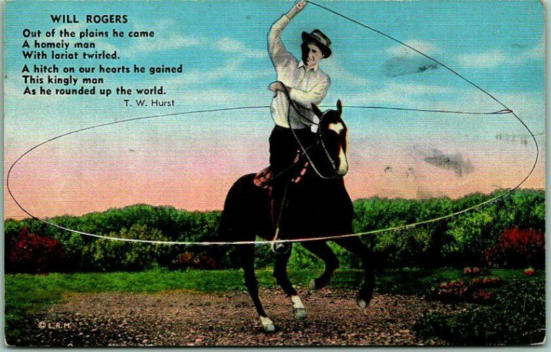 Vintage WILL ROGERS Postcard on Horse Lasso Lariat Rope Trick Linen ...