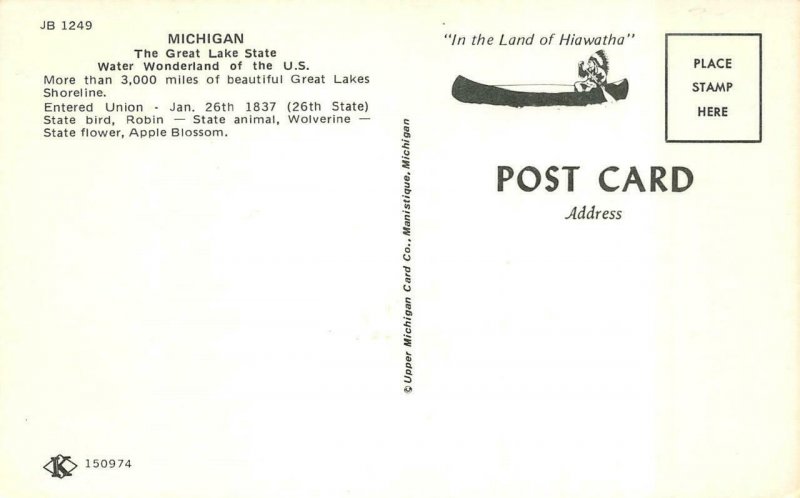 Michigan MI STATE MAP~CITIES & GREAT LAKES Outstanding Facts Postcard ...