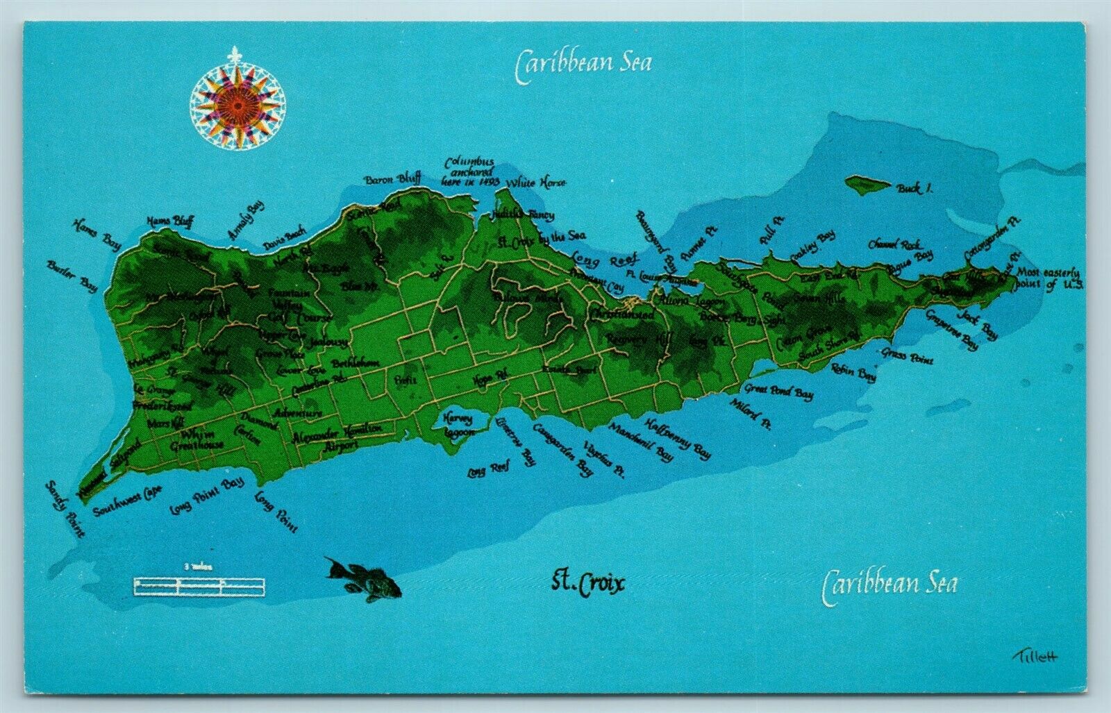 Postcard Map of St Croix Island Towns and Roads c1950s X4 | Latin ...