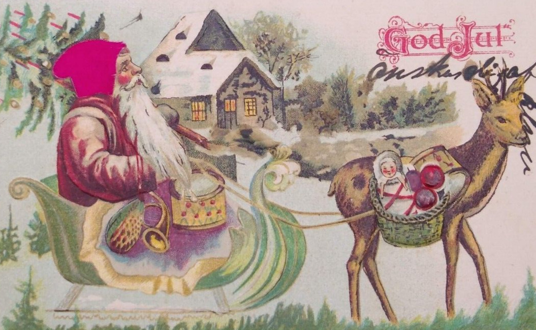 Vintage Santa Postcard - Santa Rides Sleigh Pulled By Deer Tree Velvet ...