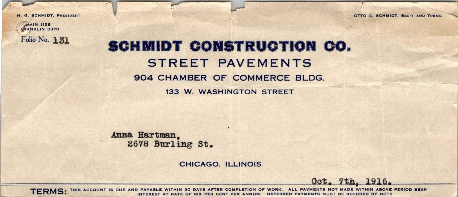 Antique 1916 Schmidt Construction CO Street Pavements Billhead Chicago ...