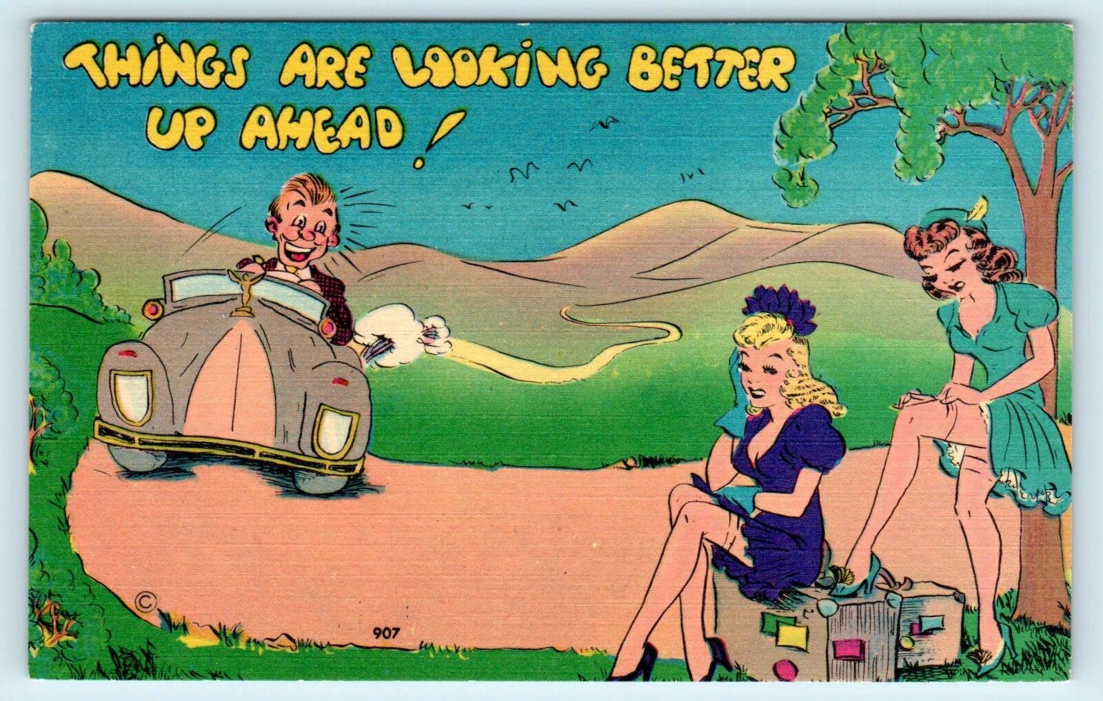 RISQUE Comic Linen c1940s Postcard: "THINGS are LOOKING BETTER Up AHEAD ...