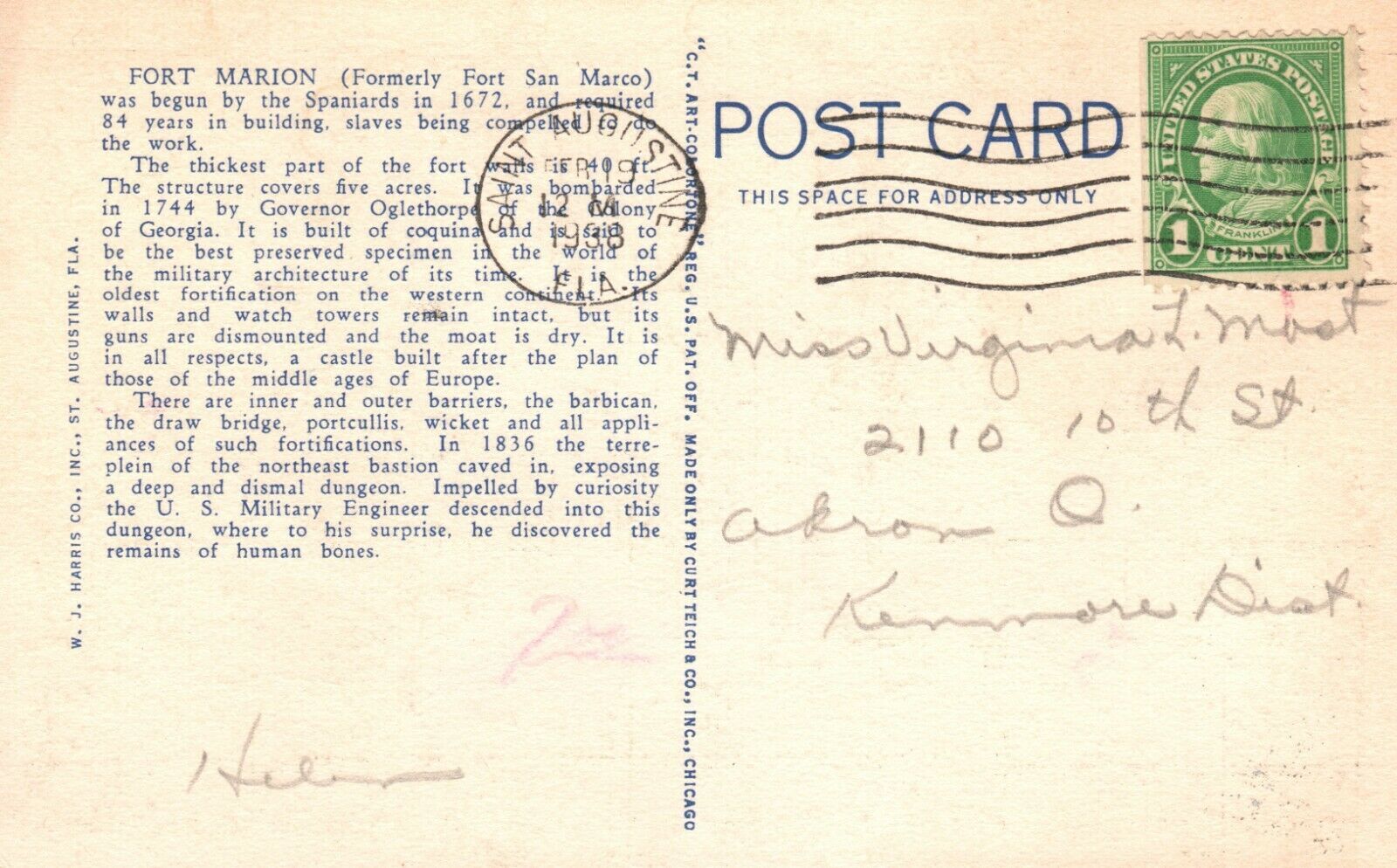 Vintage Postcard 1938 Fort Marion San Marcos National Monument St ...