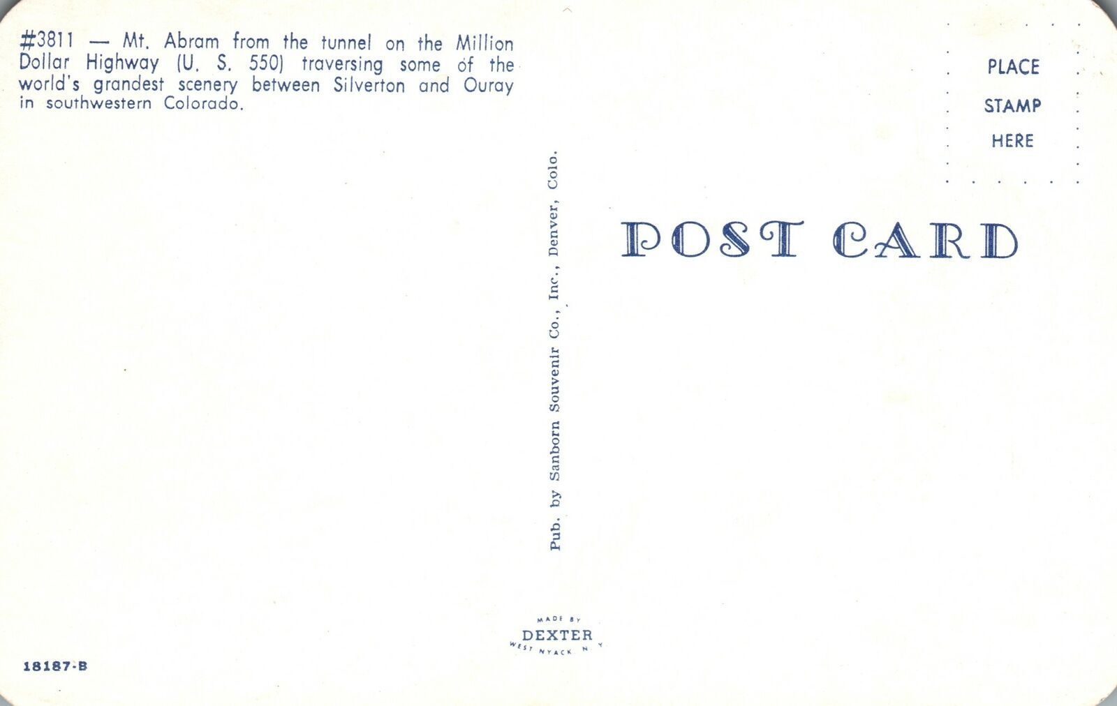 Postcard Mount Abram From Tunnel Million Dollar Highway World's ...