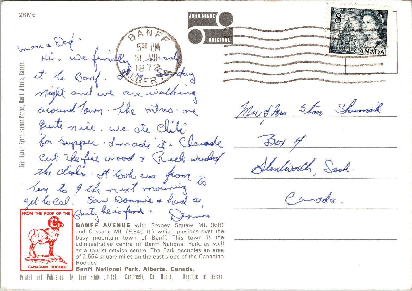Village of Banff Cascade Mountain Alberta Posted 1972 Vintage Postcard ...
