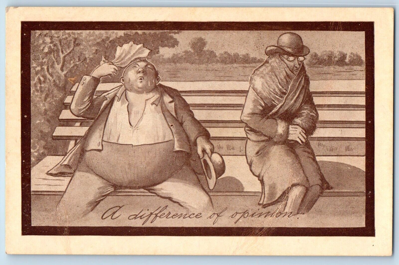 H. Horina Signed Postcard Humor Fat Man Sweating A Difference Of ...