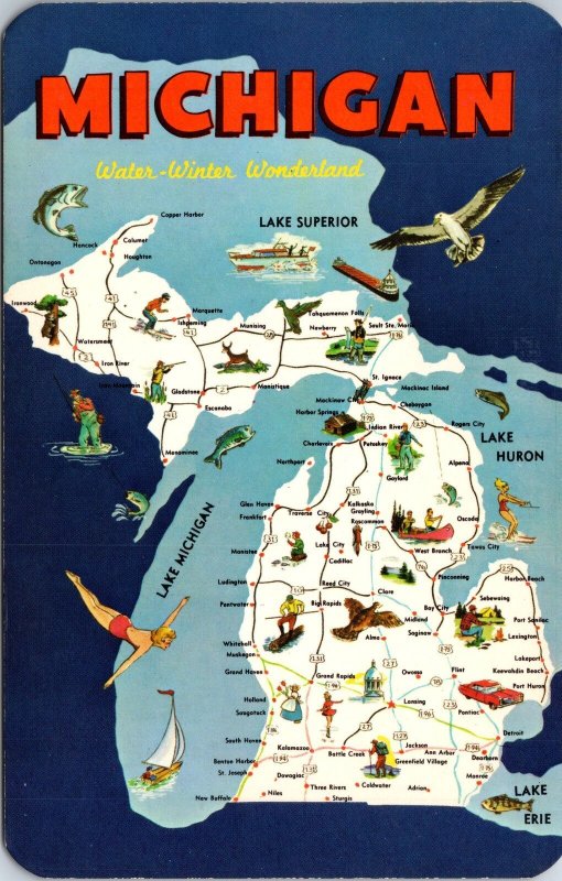 Vintage Postcard State of Michigan Animated MAP Water Winter Wonderland ...