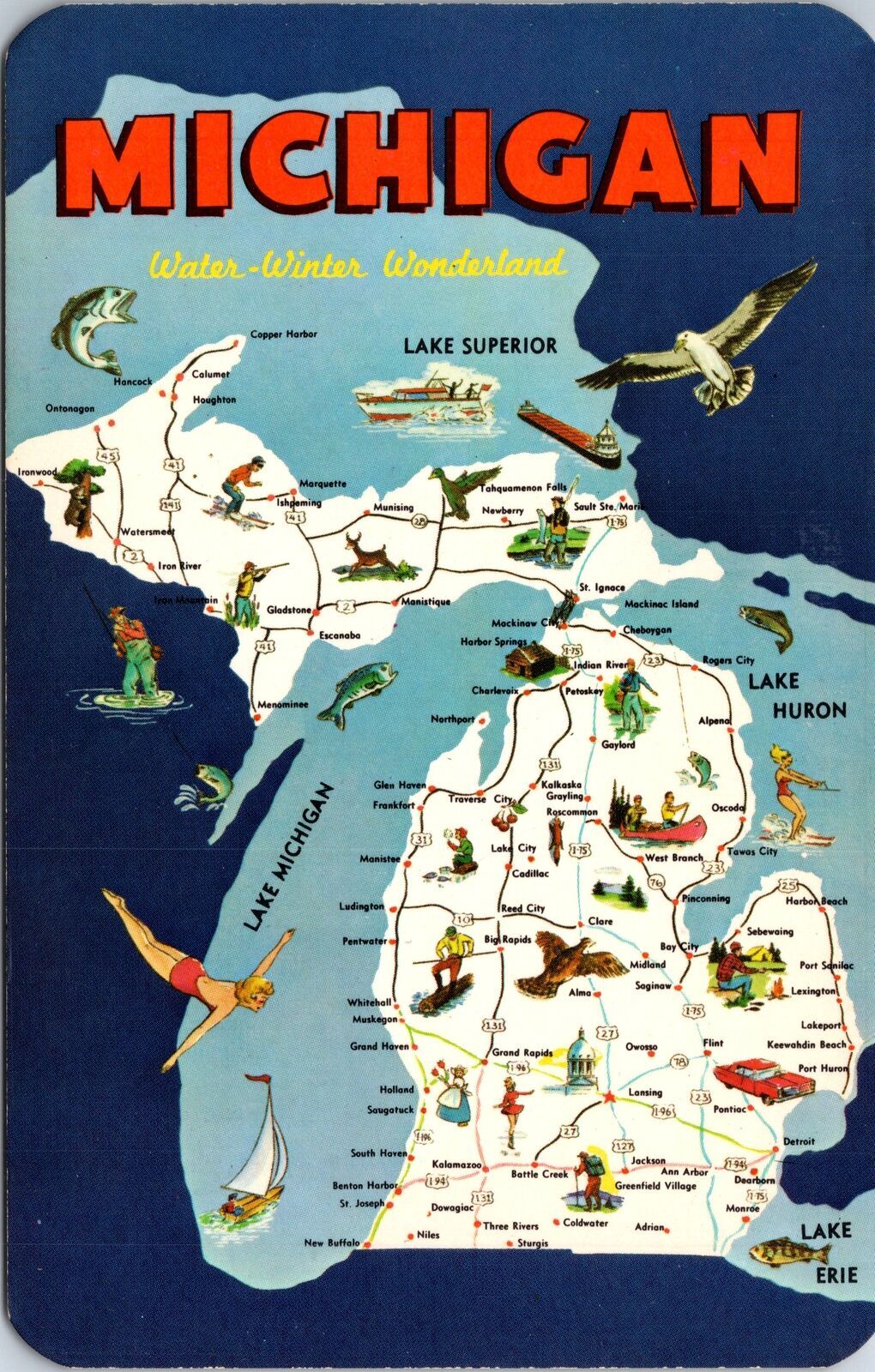 Vintage Postcard State of Michigan Animated MAP Water Winter Wonderland ...