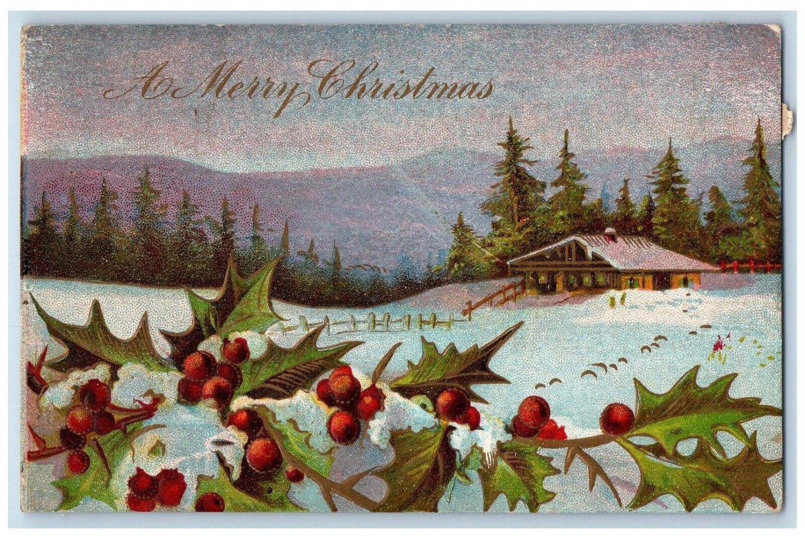 1909 Christmas Holly Berries Pine Tress House Winter Seal Elizabeth NY ...