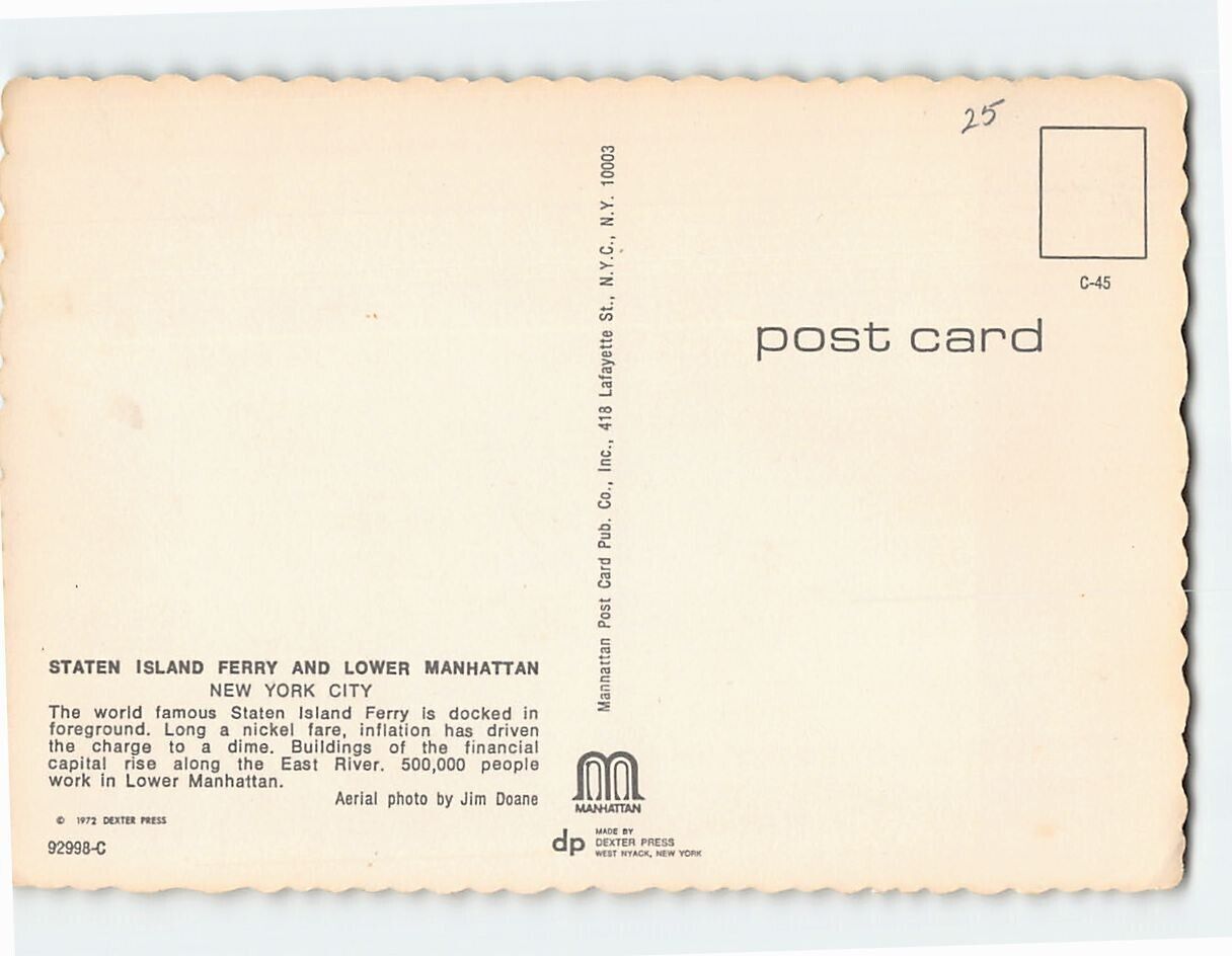 Postcard Staten Island Ferry and Lower Manhattan, New York City, New ...