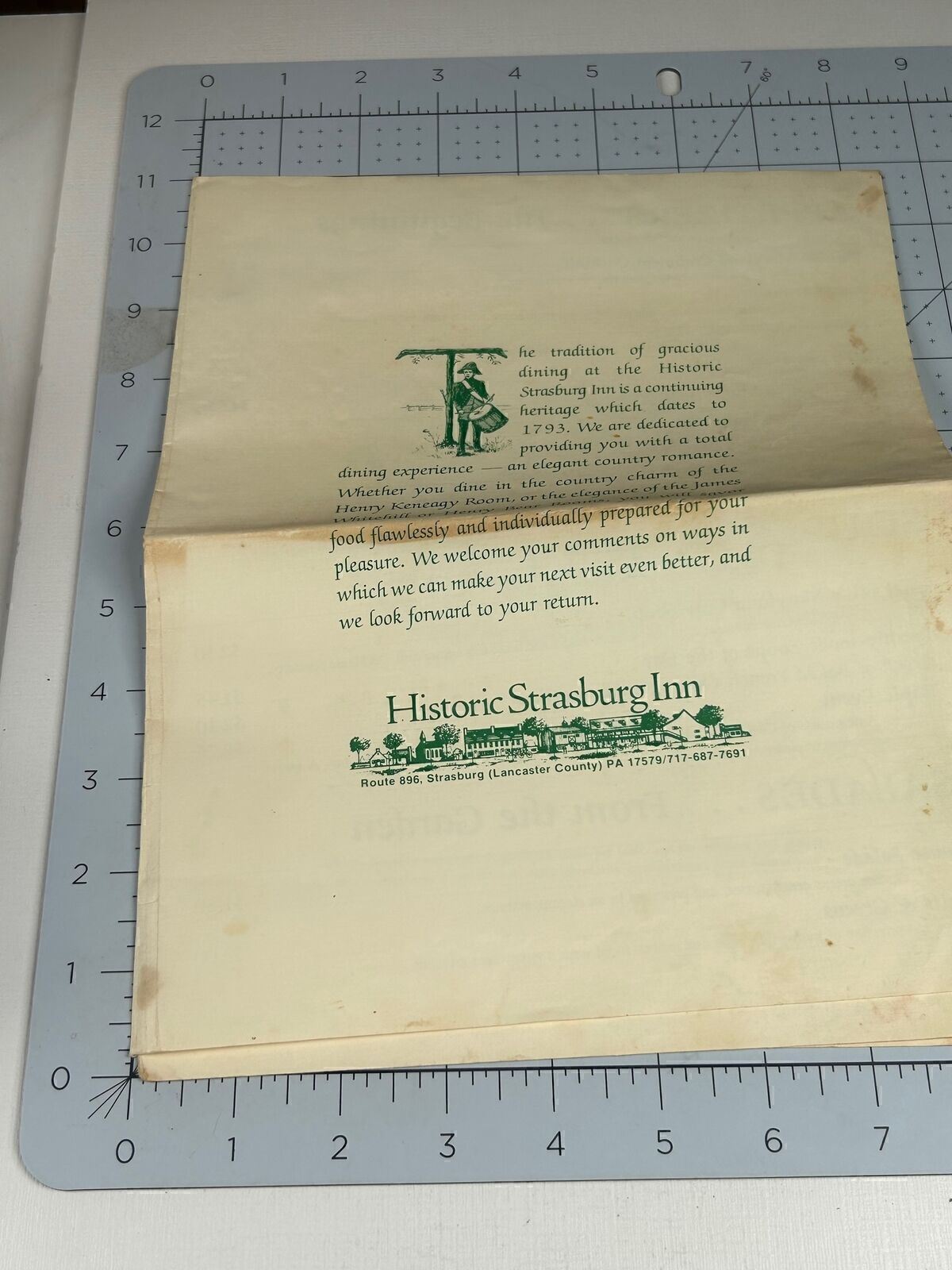 Vintage Restaurant Menu Historic Strasburg Inn Lancaster County PA ...