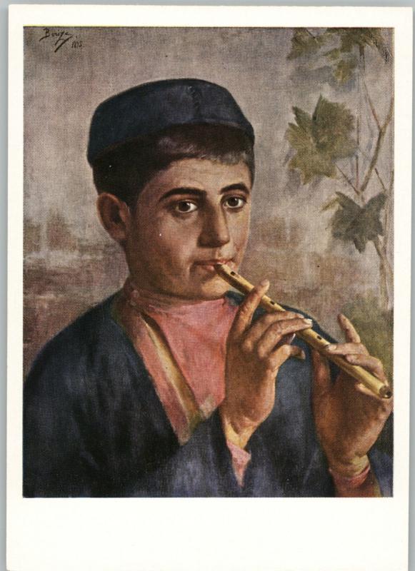 RARE "Little Boy playing the flute" by Georgian Artist Russian Postcard ...