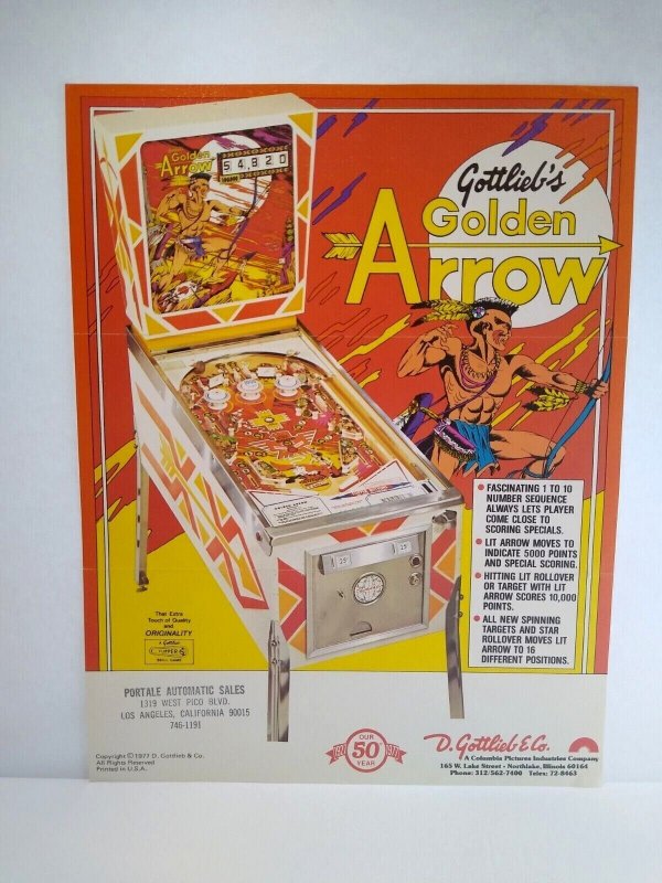 Golden Arrow Pinball Machine Flyer Vintage Gottlieb Game Artwork 8.5" x ...