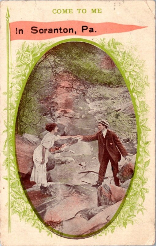 Postcard PA Scranton Pennant Romance Couple Creek Come to me In ...