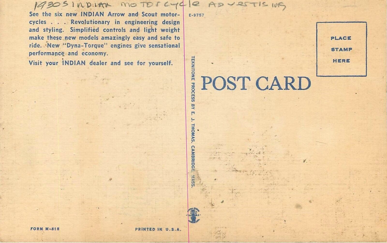 Postcard 1930s Indian motorcycle Advertising Thomas linen 23-10631 ...