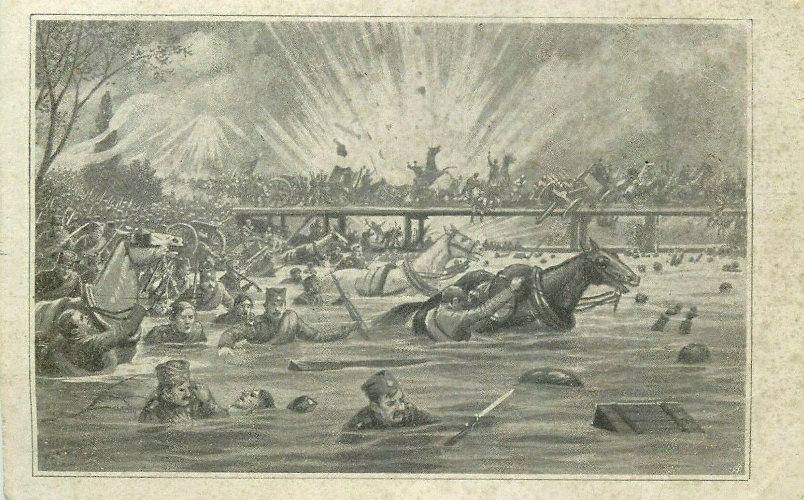 ww1 patriotic soldiers J. Deil signed military soldiers cavalry river ...