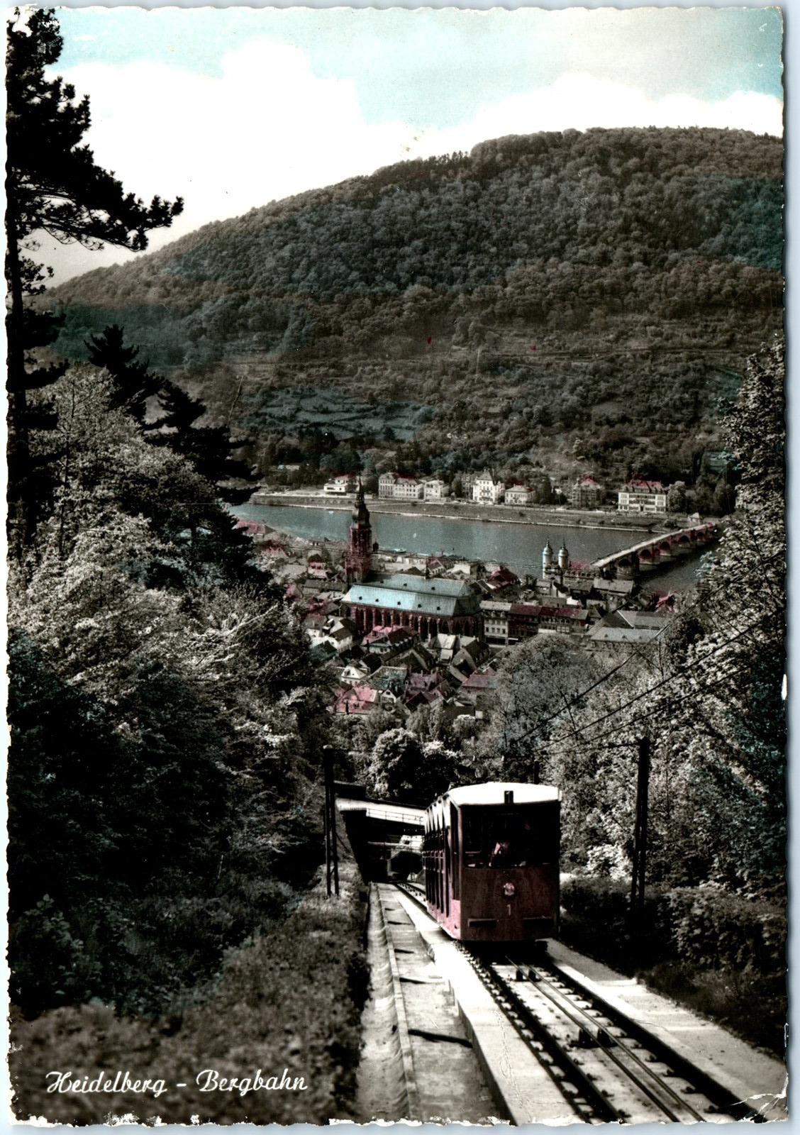 c1960s Heidelberg, Germany RPPC Bergbahn Funicular Railway Aerial Hand ...
