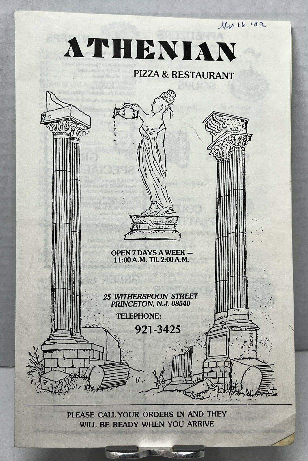 Vintage 80's 1982 Athenian Pizza & Restaurant Menu Princeton NJ ...