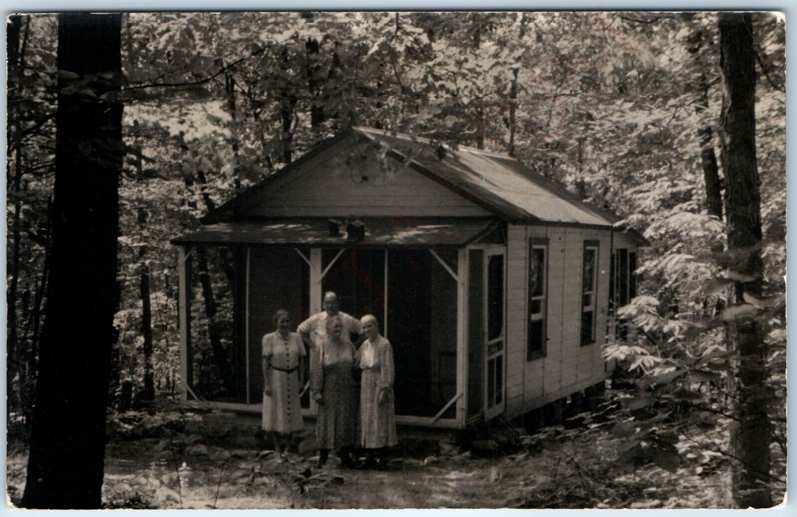 c1940s Cabin Shack in Woods RPPC Family Old Women Man Young Lady Real ...