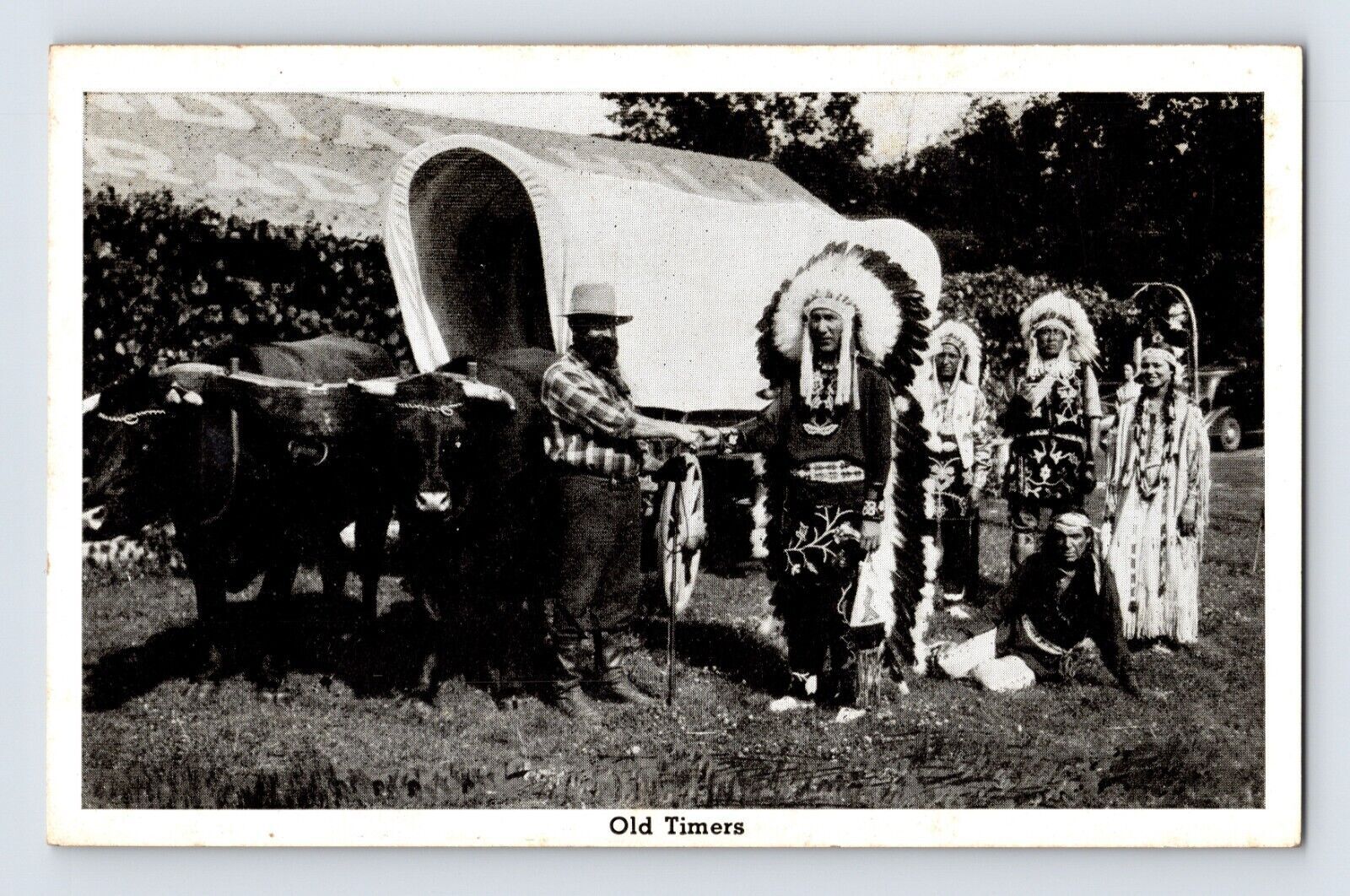 Postcard Native American Indian Covered Wagon Oxen 1940s Unposted ...