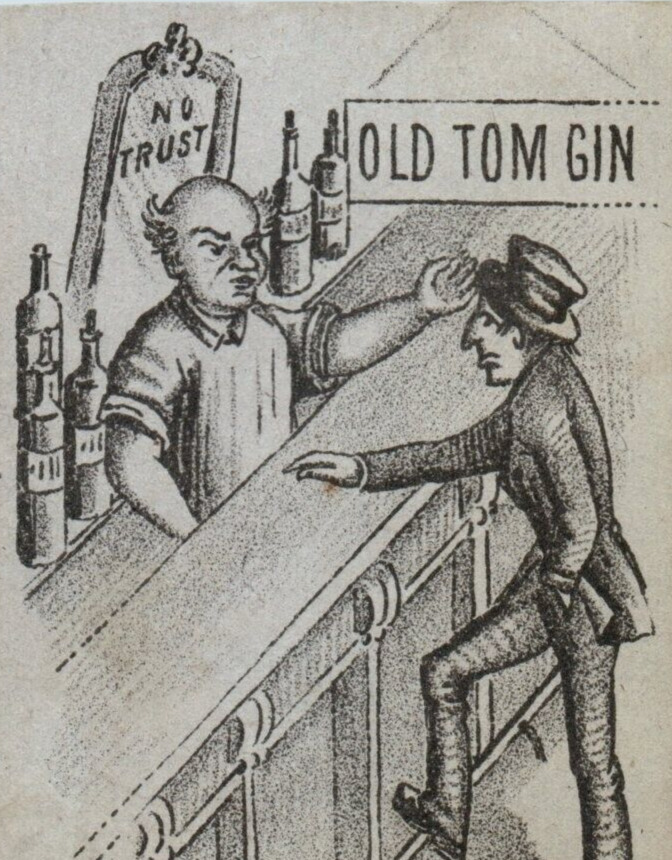 1870s-80s Victorian Comical Trade Card Bar Scene Drunk "Old Tom Gin ...