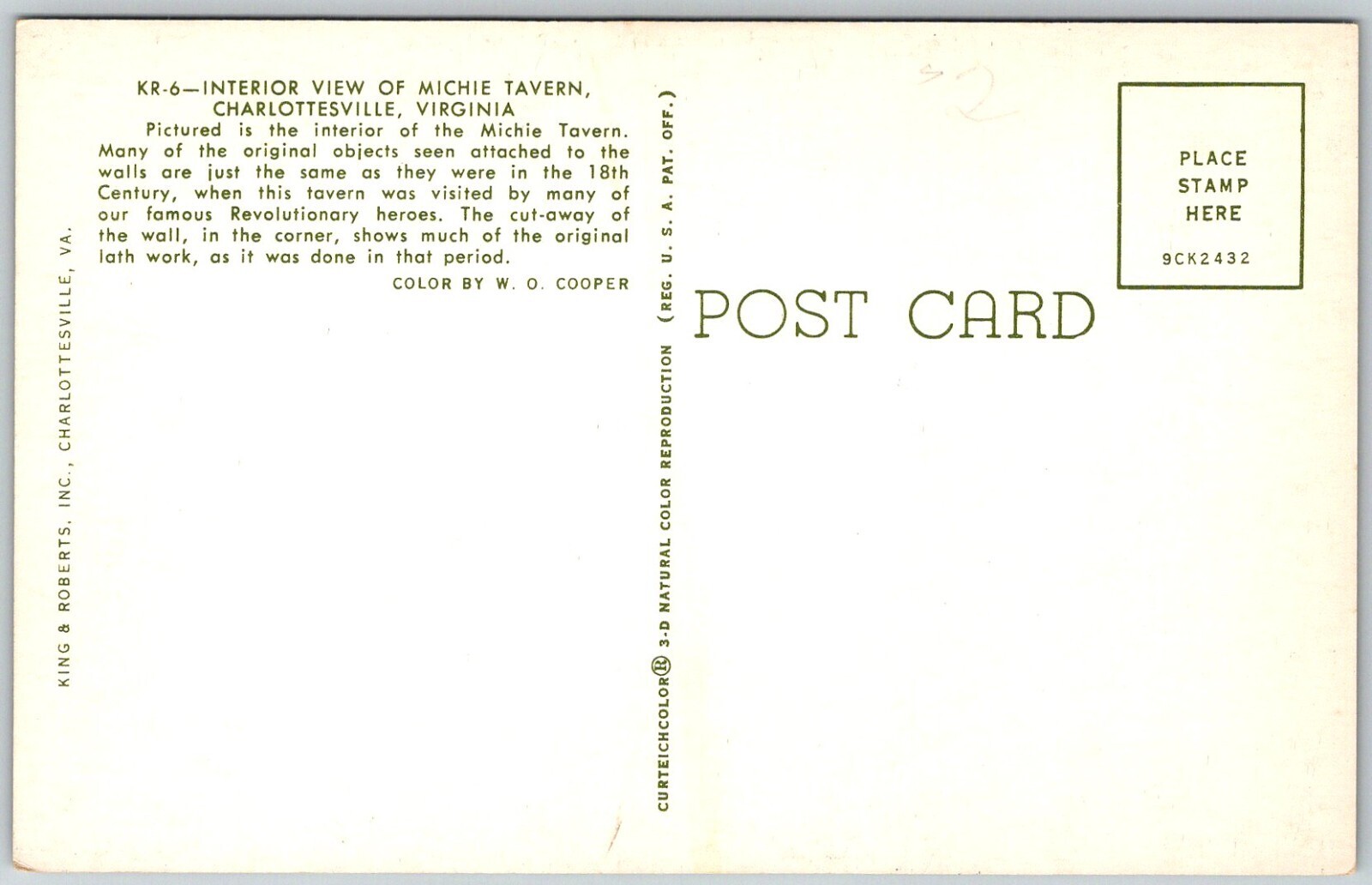 Charlottesville Virginia 1960s Postcard Interior View Michie Tavern ...