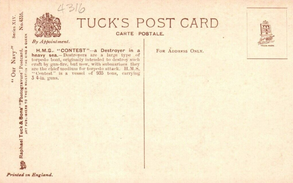 WWI British Royal Navy HMS Conflict Destroyer Torpedo Boat Raphael Tuck ...