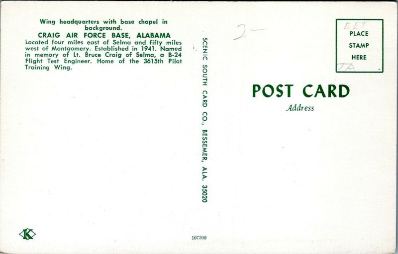 Craig Air Force Base Selma Alabama Postcard 1960s Wing Headquarters ...
