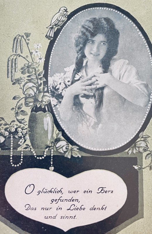 Rare Beautiful Antique 1900s German Wedding Poem Postcard Girl Mirror ...