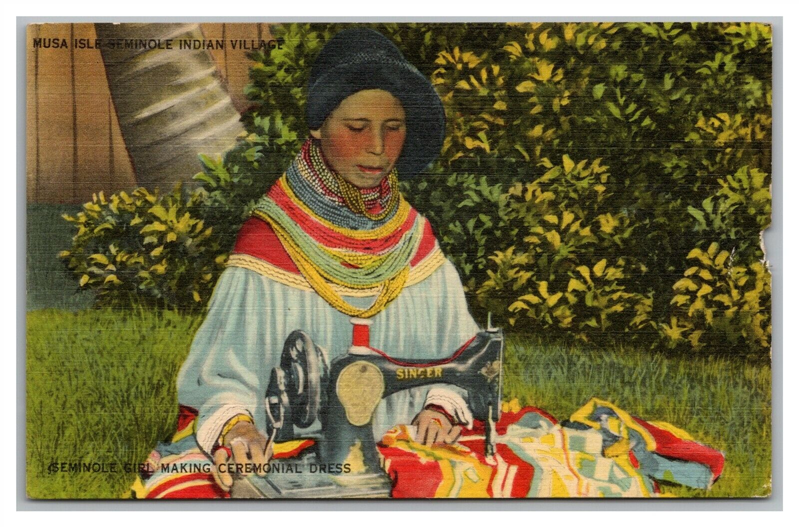 Postcard FL Musa Isle Seminole Indian Village Girl SInger Sewing ...
