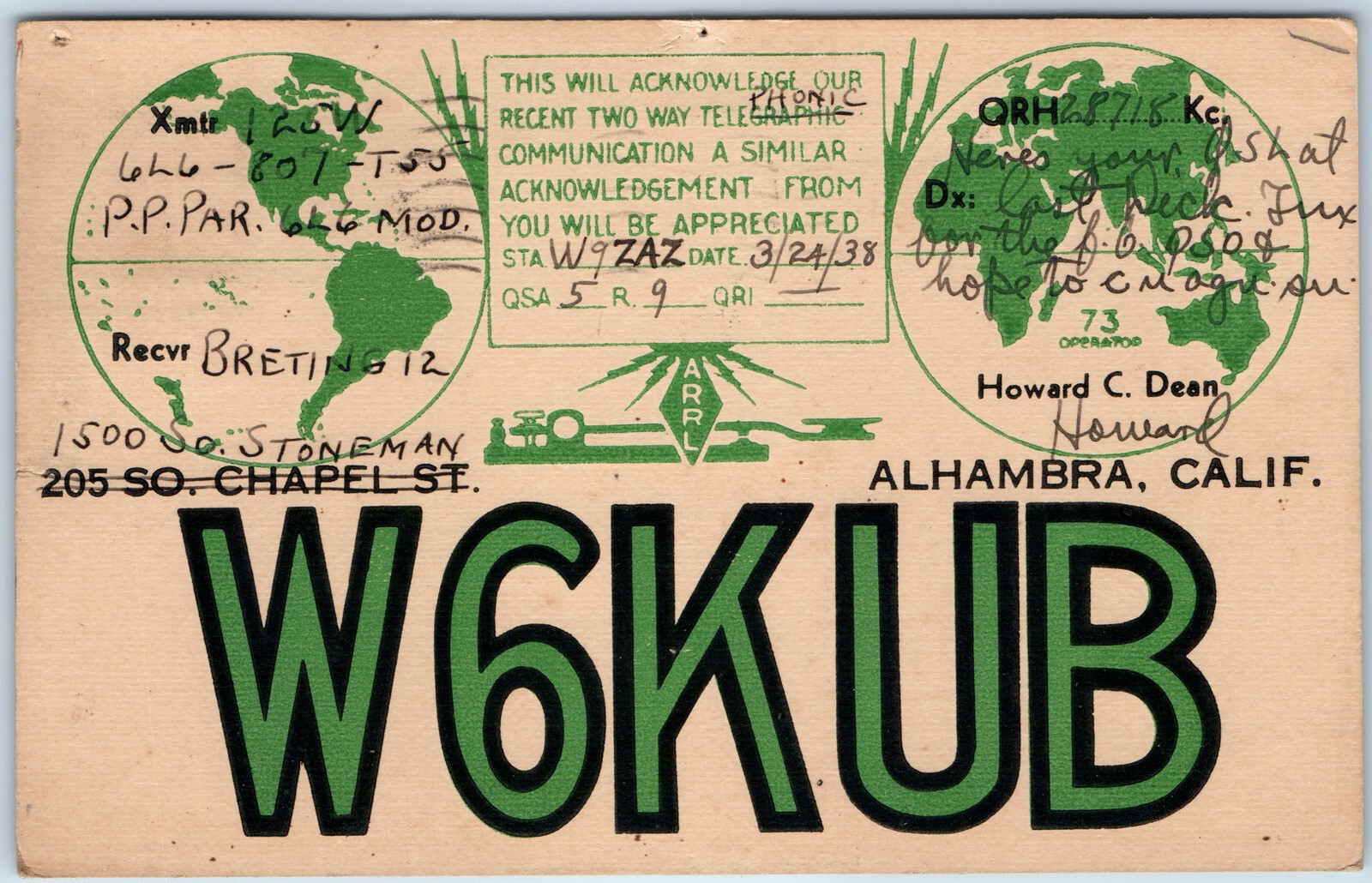 1938 Alhambra, CA W9ZAZ QSL Ham Radio Card ARRL World Map Howard Dean ...