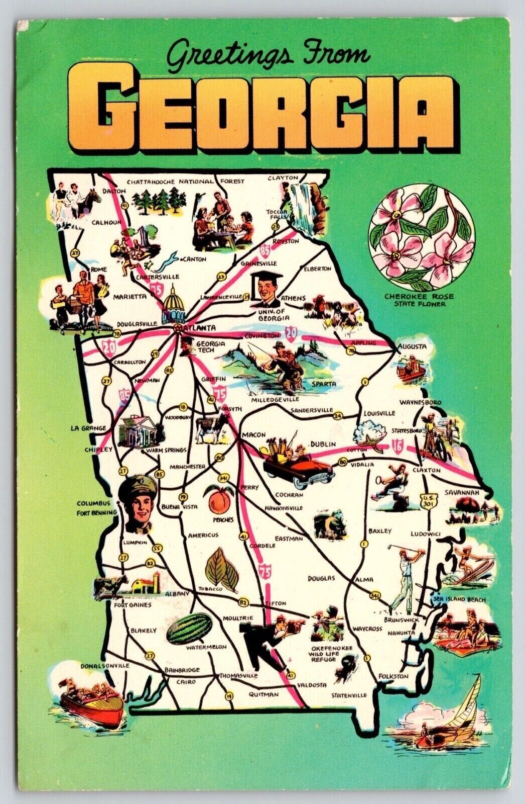 Greetings Georgia State Map Cities & Roadways Scenic Flowers DB ...