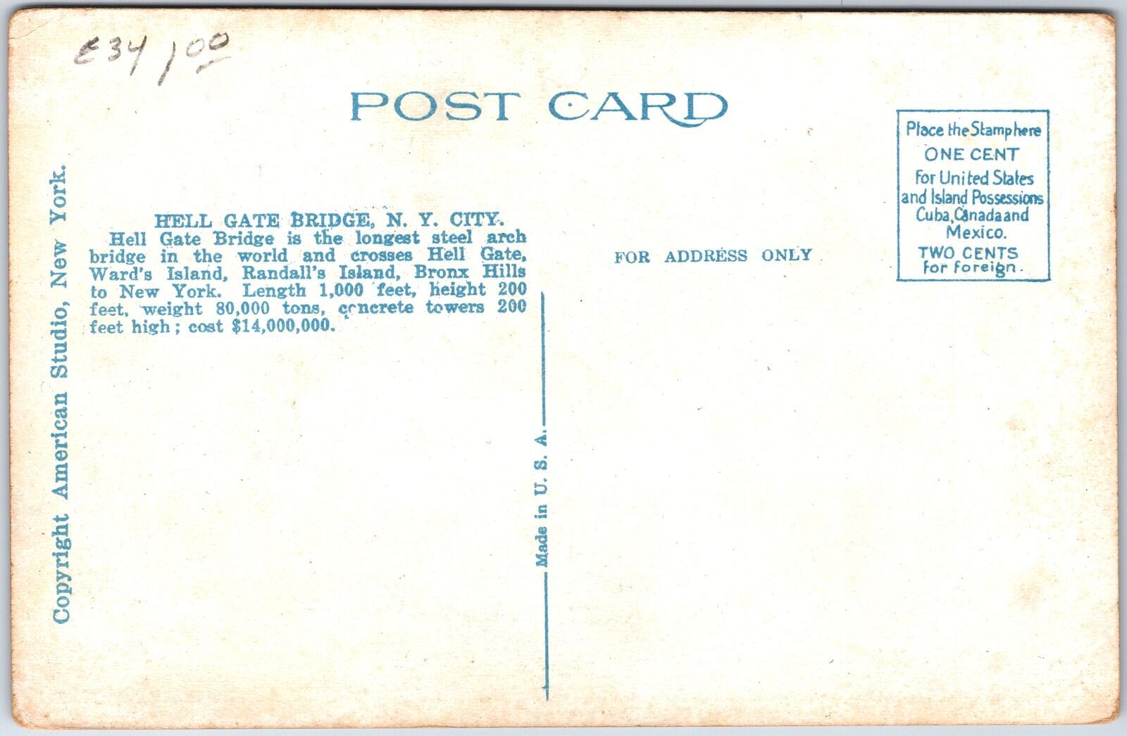 Vintage Postcard Hell Gate Bridge & Ship Underpass New York City ...