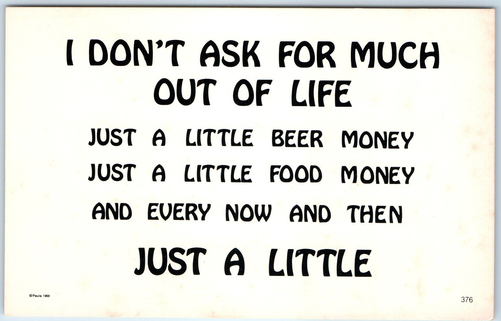 c1970s Comic Quote Ask Life for Beer Food Unposted Paula's Motto Chrome ...