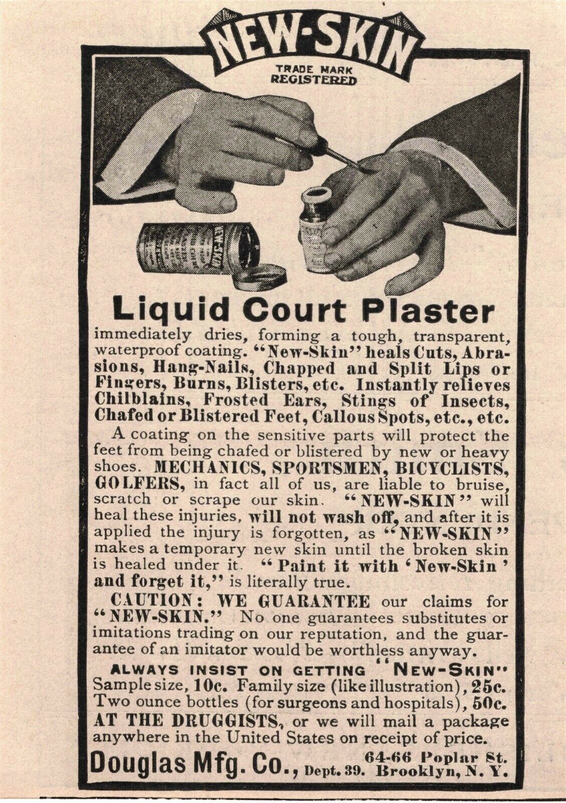 1907 Original Print Ad New-Skin Liquid Court Plaster Douglas Mfg. Co ...