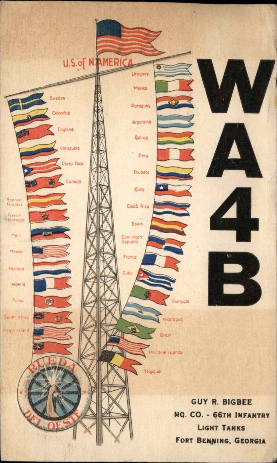 Flags of Nations Ham Radio WA4B Fort Benning GA Ham Used 1938 Postcard ...