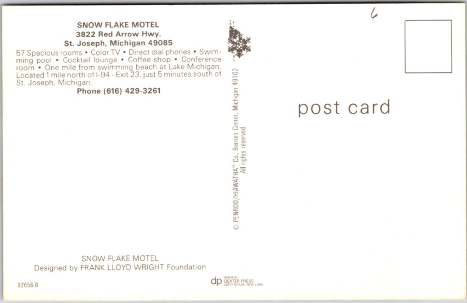 Postcard Snow Flake Motel Designed by Frank Lloyd Wright St. Joseph ...