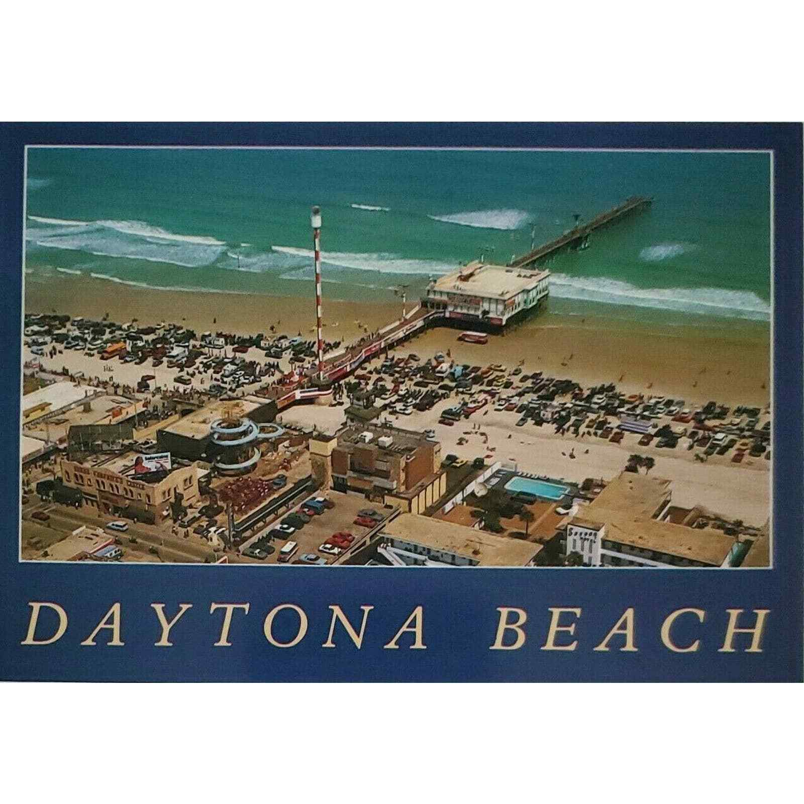 Daytona Beach FL Postcard Aerial View Pier Ocean Street Scene Cars on ...
