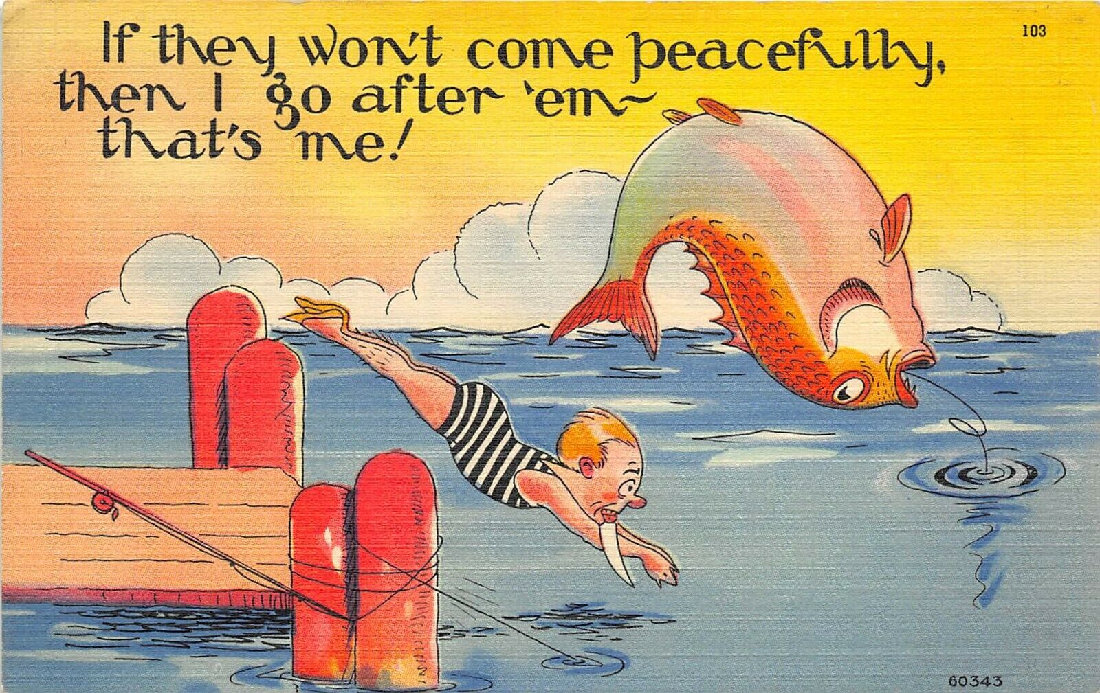 FISHING Fisherman 1940s Comic Postcard Man Diving Knife Giant Fish ...